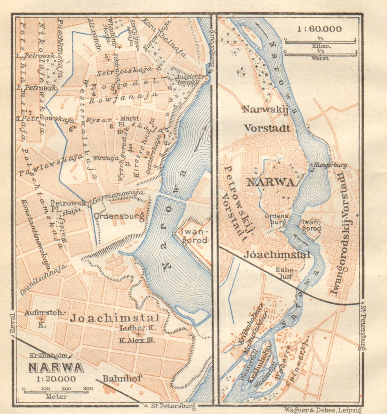 Narva town/city plan linna kaart. Estonia. BAEDEKER 1912 old antique map chart ...