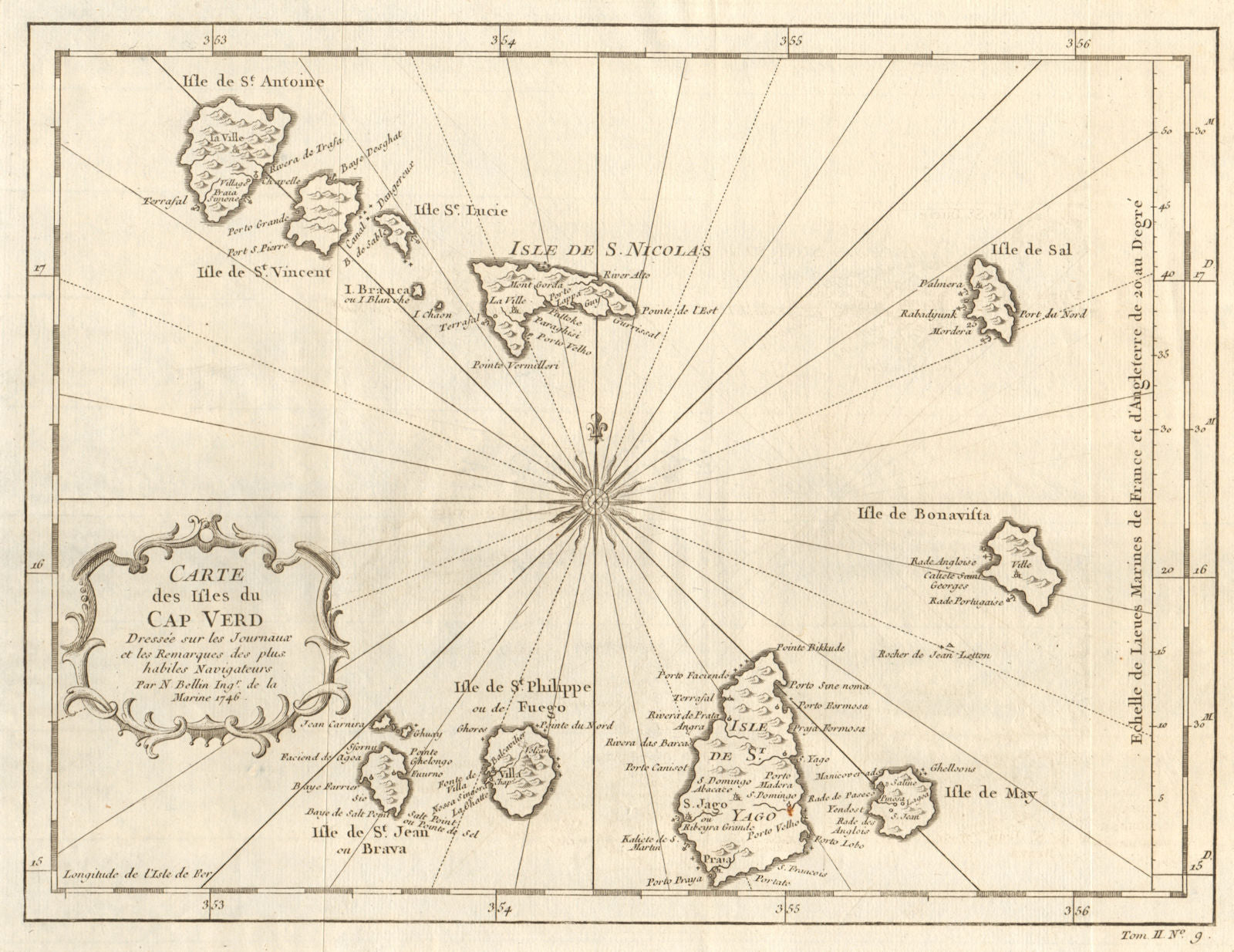 'Carte des Isles du Cap-Verd'. Cape Verde islands. Sal Santiago. BELLIN 1746 map ...