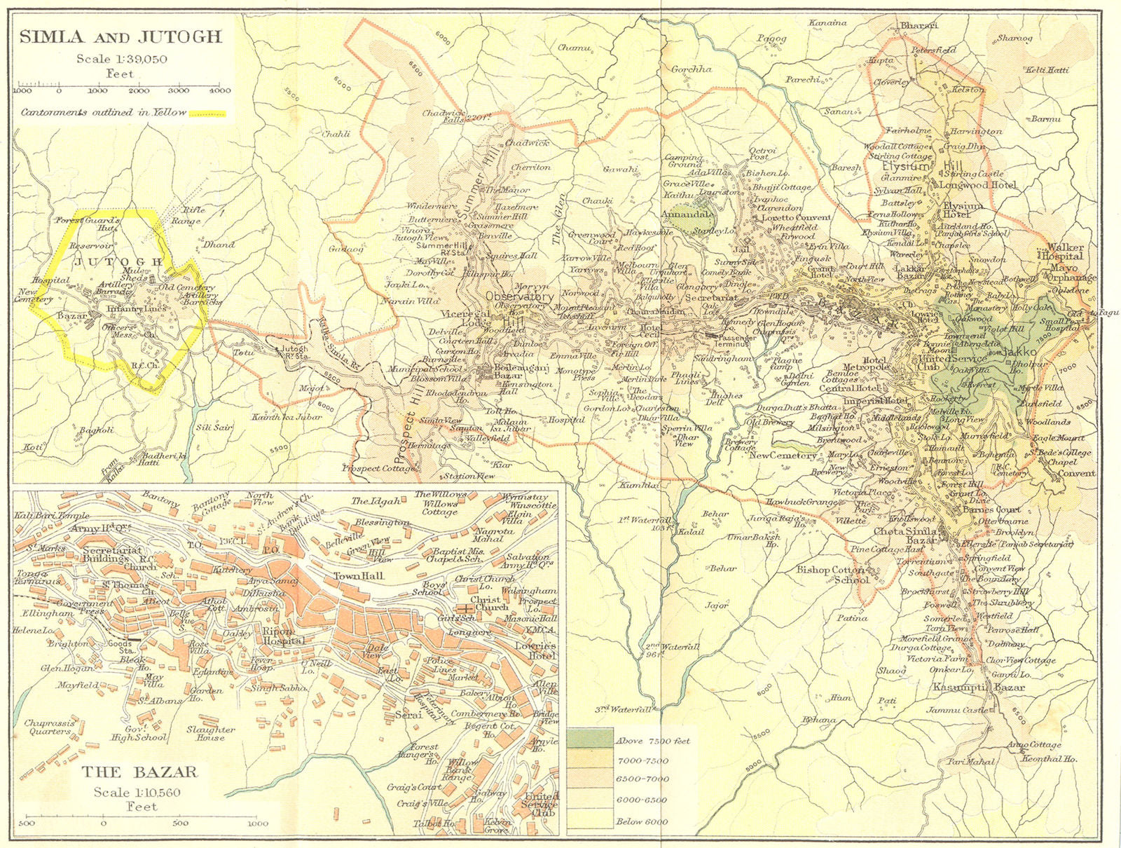 BRITISH INDIA. Simla (Shimla) & Jutogh cantonment; inset Lakkar Bazaar 1924 map ...