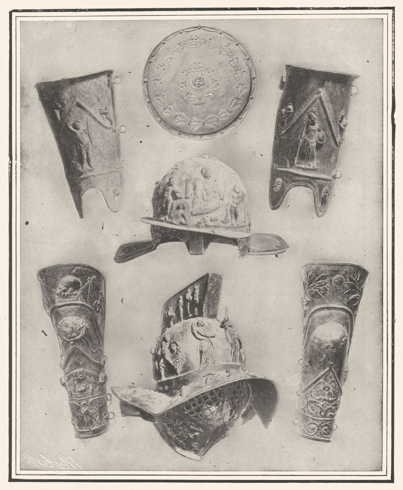 ITALY. Pompeii; Helmets, shields, gauntlets; Gladiators Barracks 1907 ...