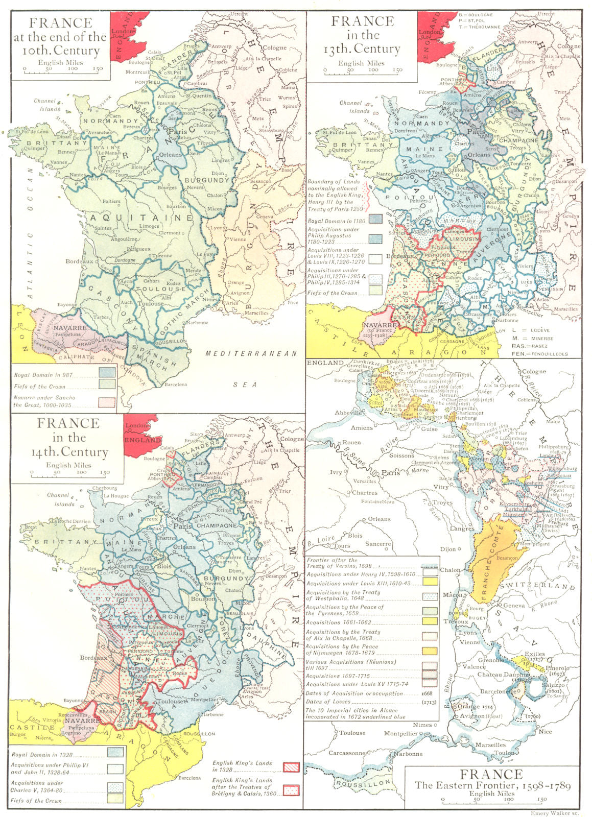 FRANCE. Eastern Frontier,1598-1789; end of 10th century; in 13th 14th C 1910 map ...