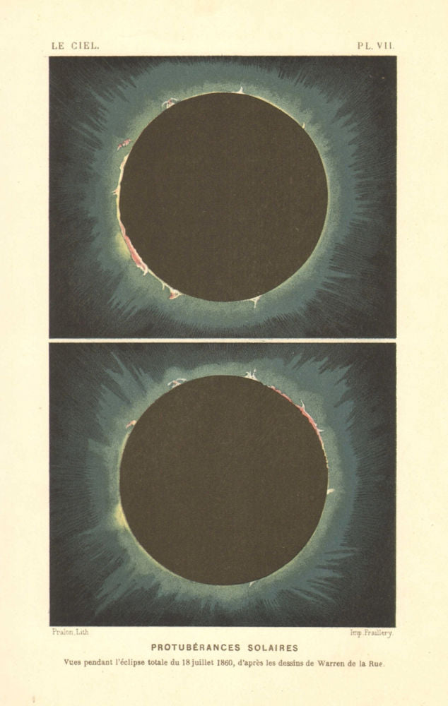 ASTRONOMY. Solar Prominences during total eclipse 18 July 1860.Colour litho 1877 ...