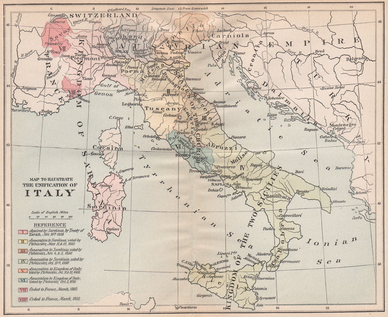 UNIFICATION OF ITALY. Acquisitions & annexations 1859-1870 1917 old map ...