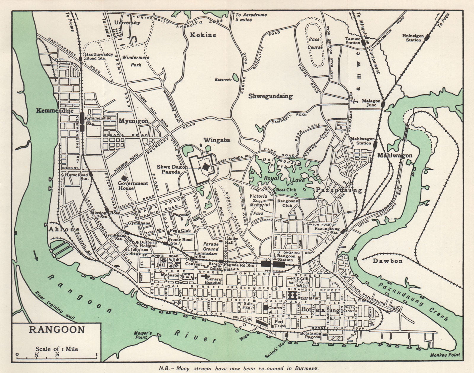 RANGOON/YANGON. Town city plan. Burma Myanmar. Key buildings 1965 old map – Antiquemapsandprints.com
