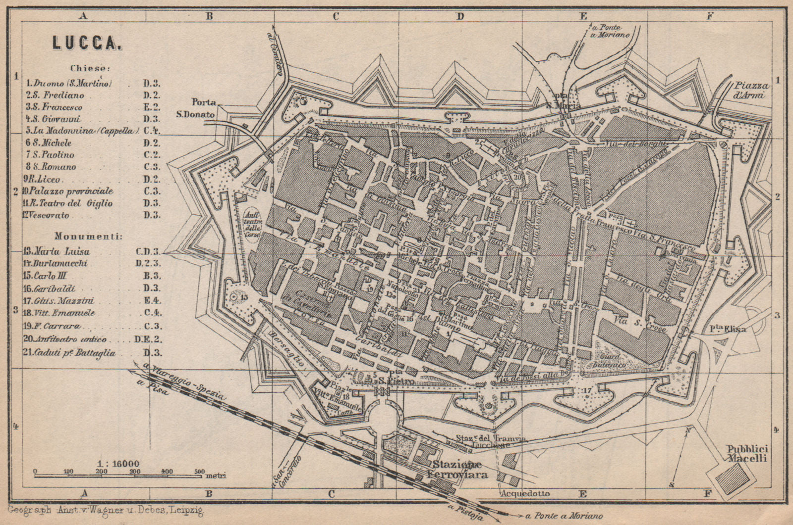 LUCCA antique town city plan piano urbanistico. Italy mappa. BAEDEKER 1899 ...