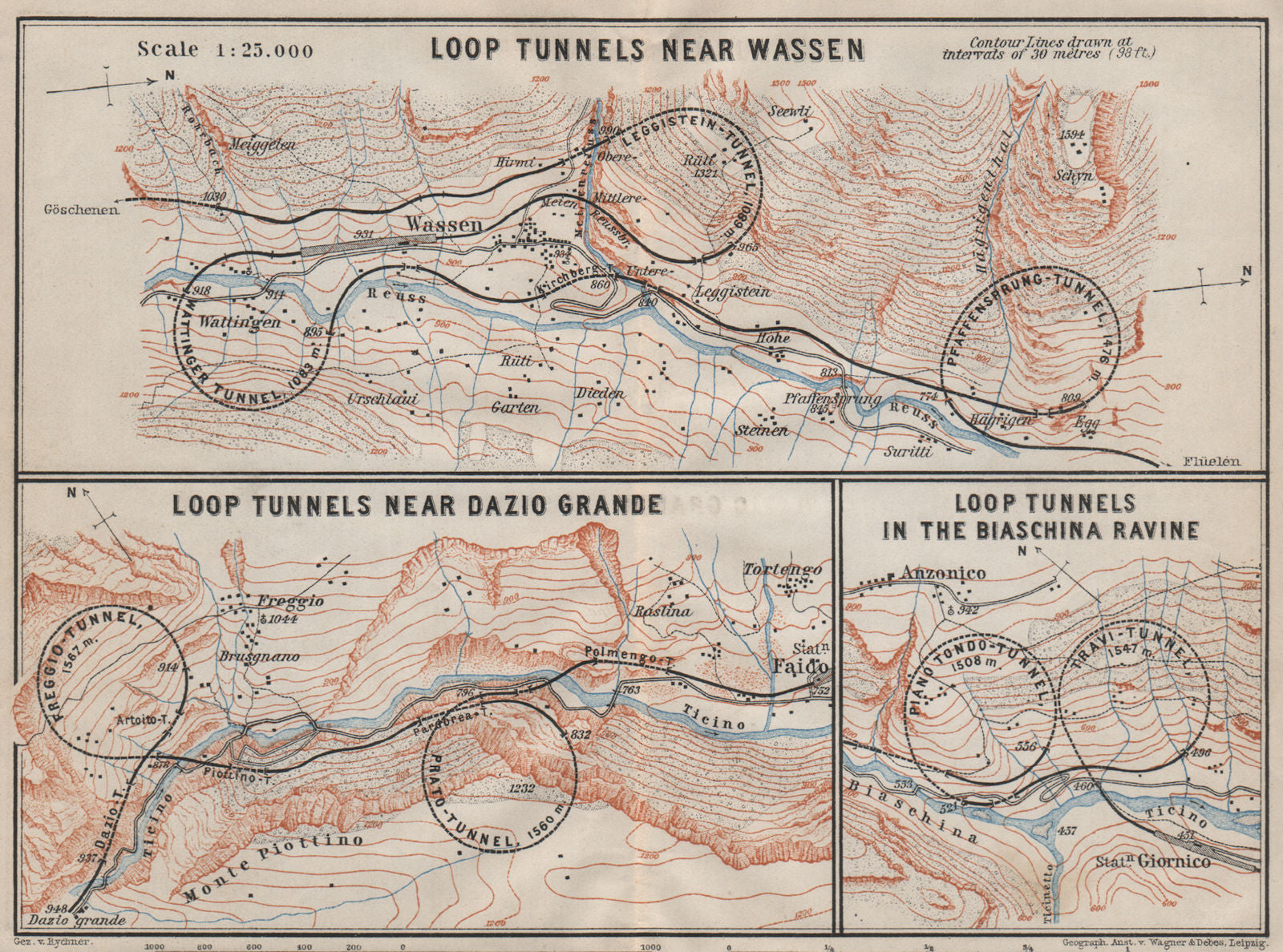 ST GOTTHARD RAILWAY SPIRAL/LOOP TUNNELS Wassen Freggio Prato Biaschina 1909 map ...