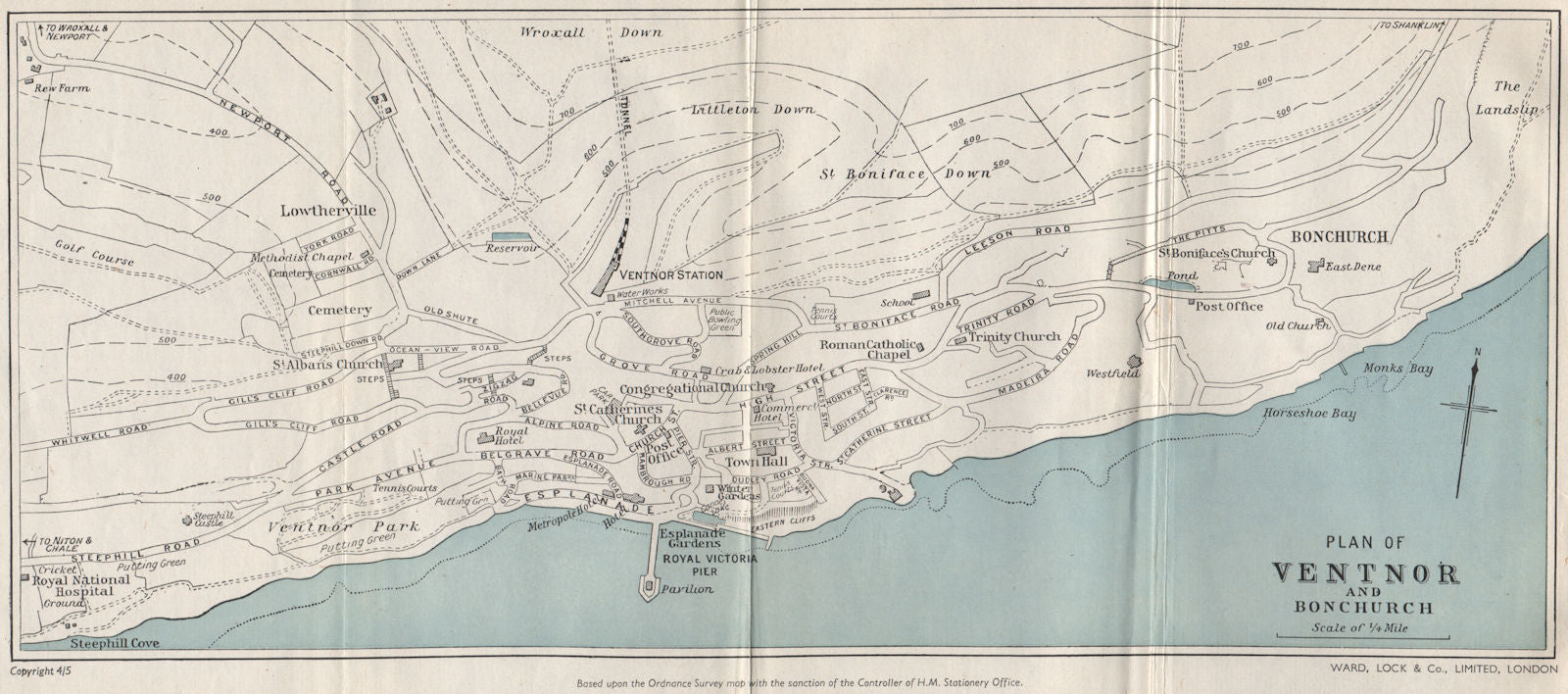 VENTNOR AND BONCHURCH vintage town/city plan. Isle of Wight. WARD LOCK 1950 map ...