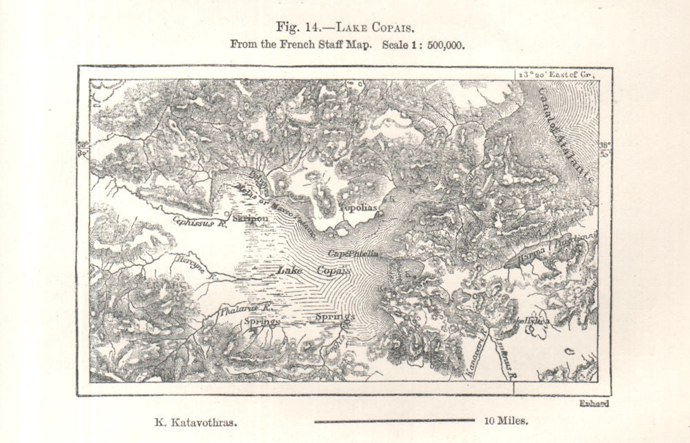 Lake Copais from the French Staff Map. Greece. Sketch map 1885 old antique ...