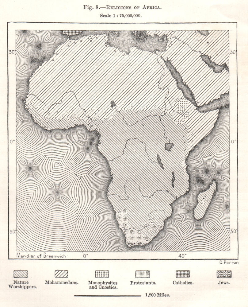 Religions of Africa. Sketch map 1885 old antique vintage plan chart ...