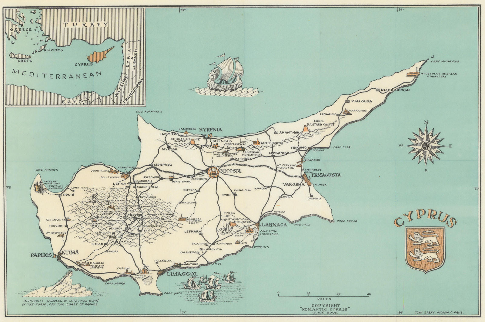 Pictorial map of Cyprus by John Sabry 1951 old vintage plan chart – Antiquemapsandprints.com
