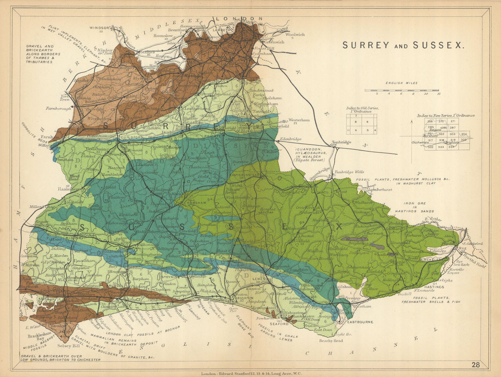 SURREY AND SUSSEX Geological map. STANFORD 1904 old antique plan chart – Antiquemapsandprints.com