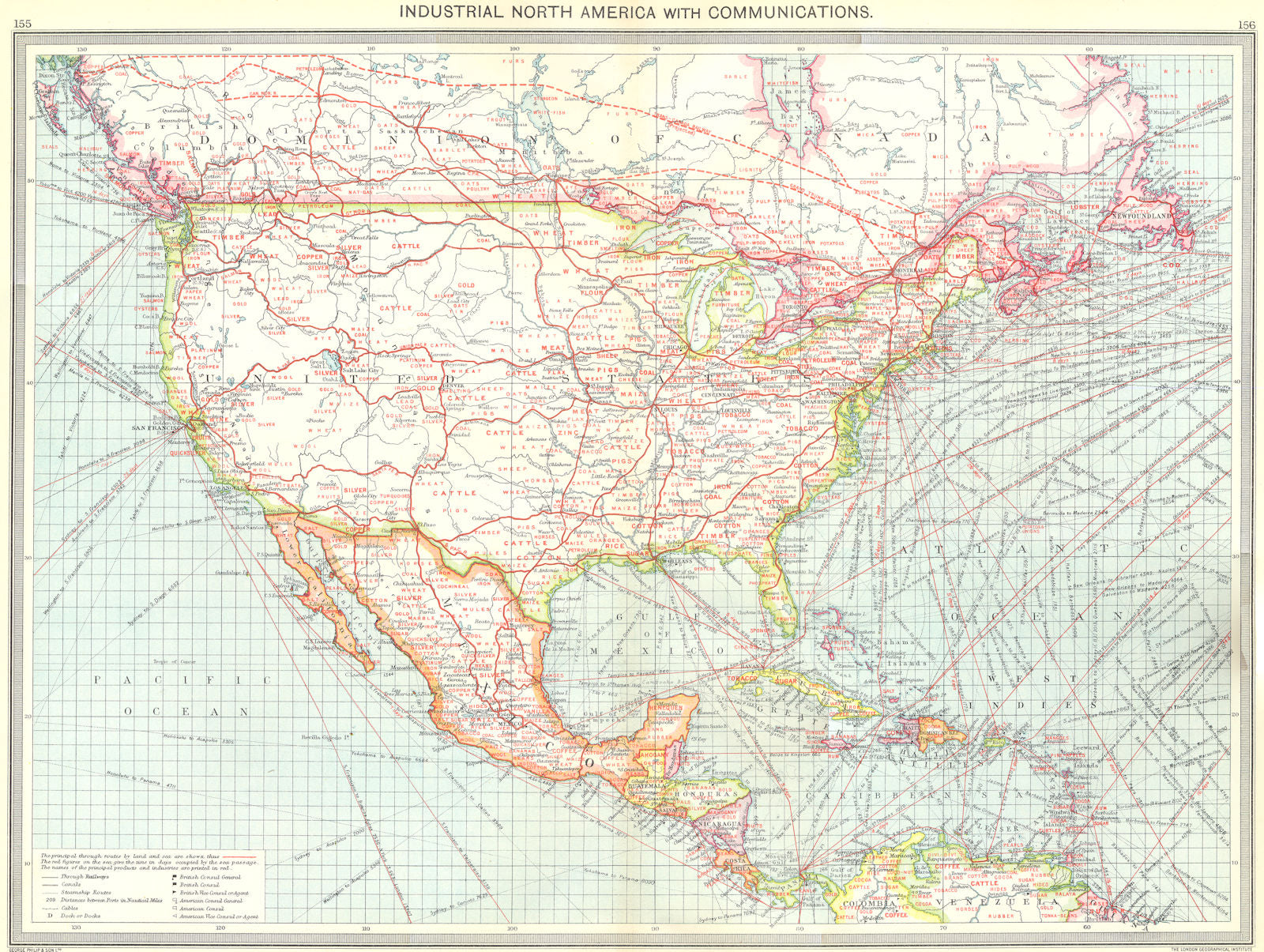 NORTH AMERICA. Industrial North America. with Communications 1907 old ...