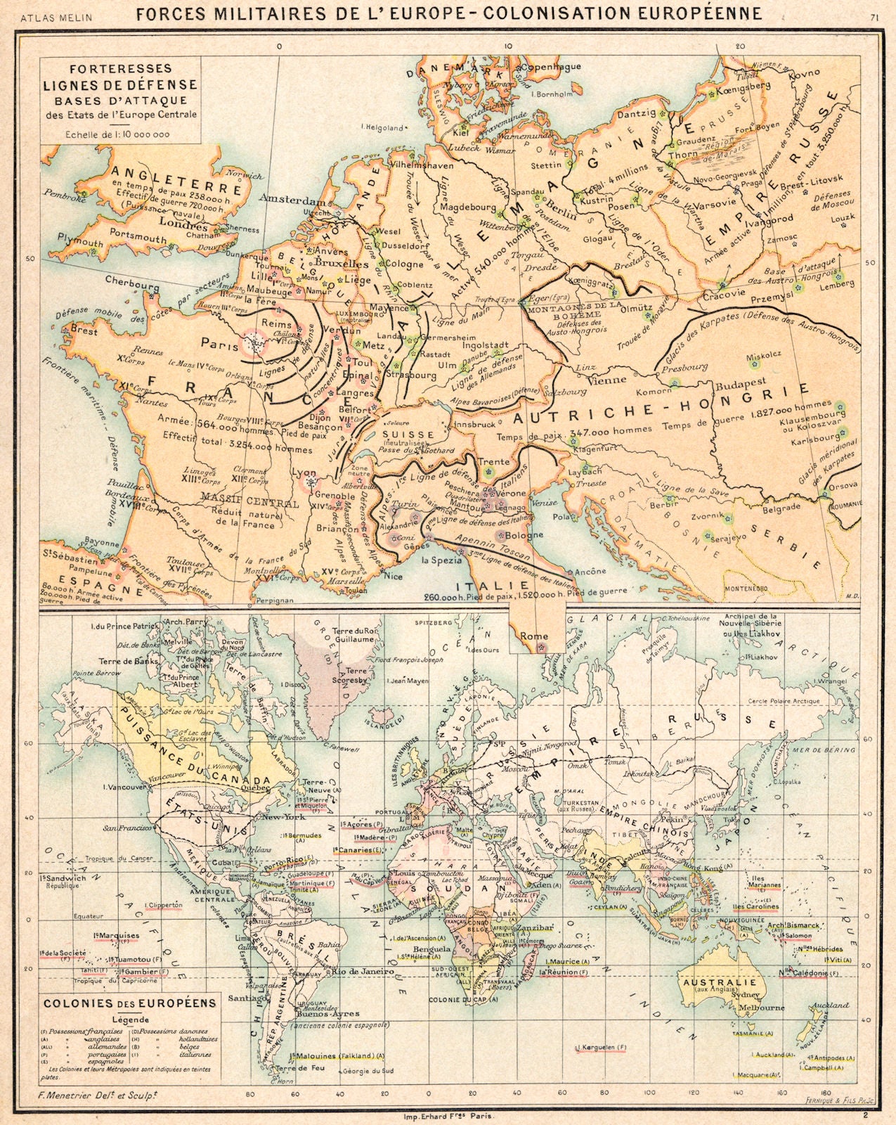 EUROPE.Force Militaires;Lignes défense;Colonies Européen;line defence 1900 map ...