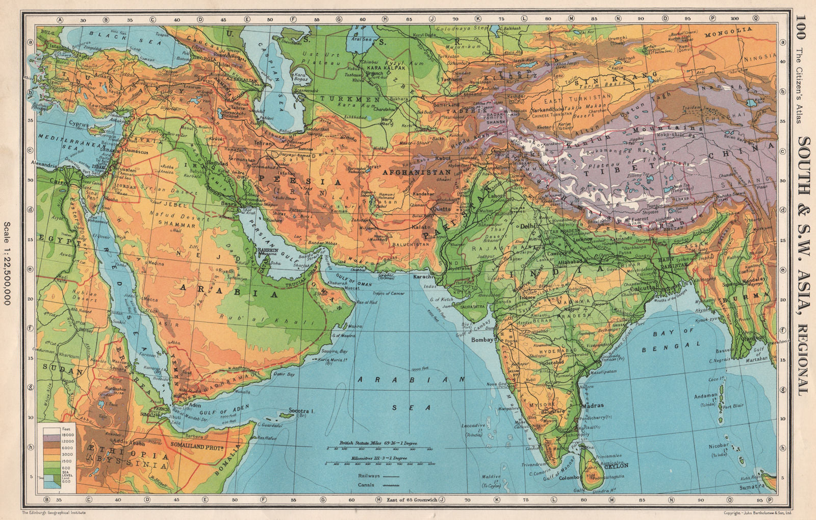 SOUTH & SOUTH WEST ASIA. Physical. Main railways. BARTHOLOMEW 1952 old ...