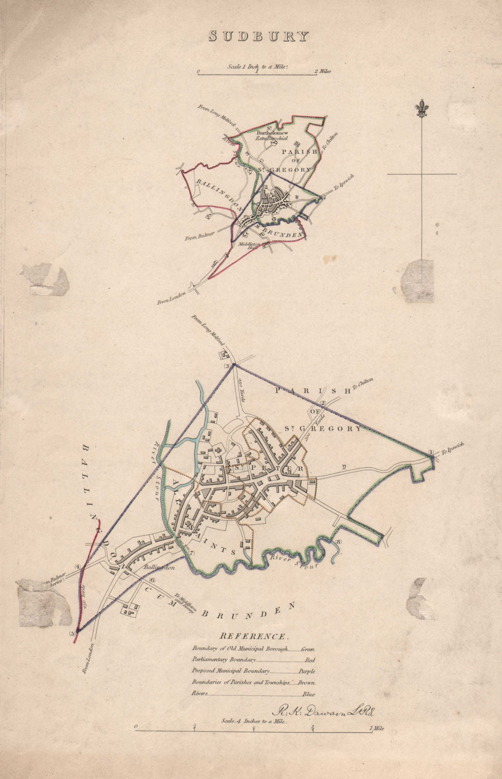 SUDBURY borough/town/constituency plan BOUNDARY REVIEW. Suffolk. DAWSON 1837 map ...