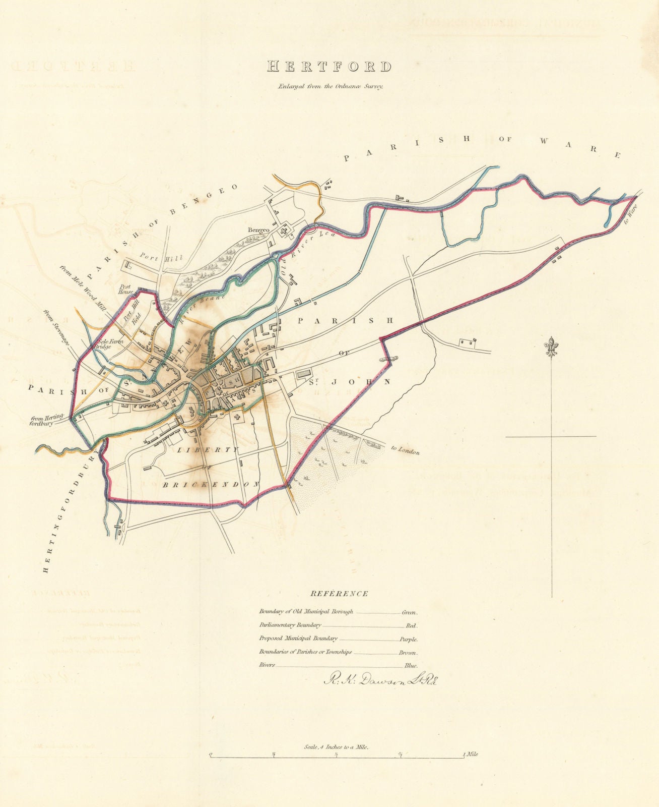 HERTFORD borough/town/city plan. BOUNDARY COMMISSION. DAWSON 1837 old map – Antiquemapsandprints.com
