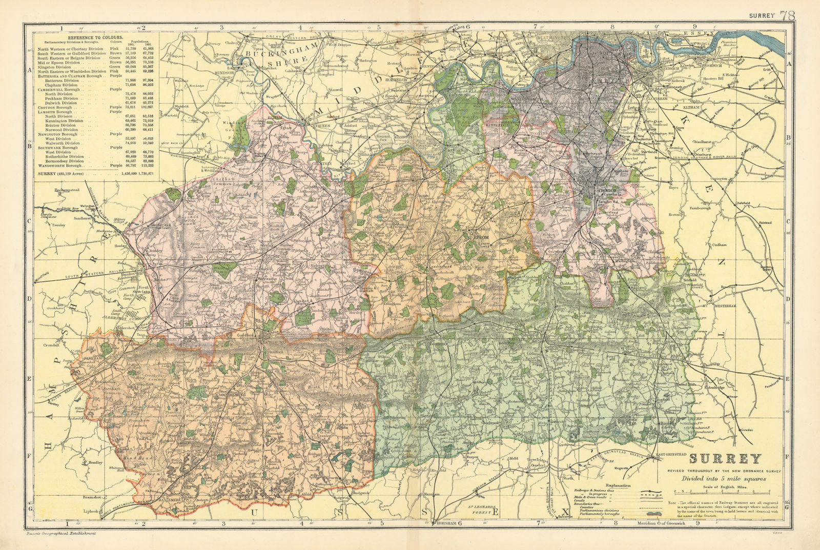 SURREY county map. Parliamentary constituencies divisions. Railways. BACON 1900 ...