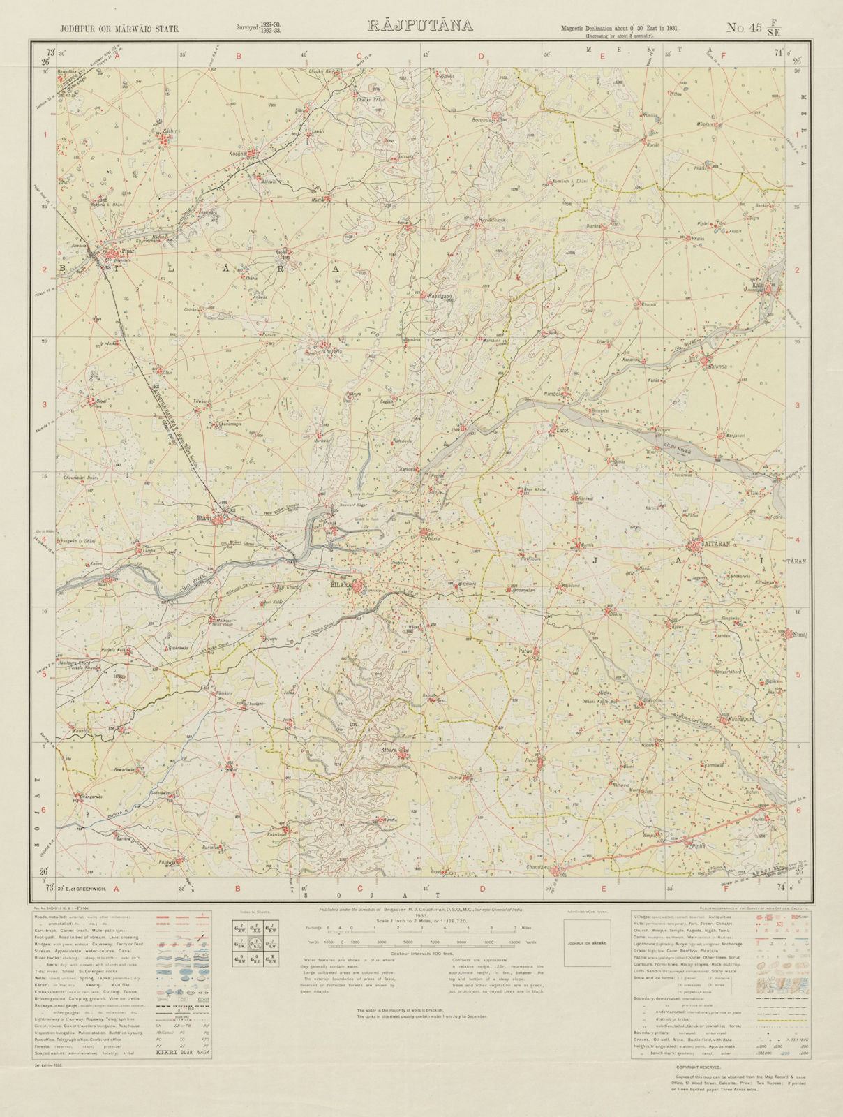 SURVEY OF INDIA 45 F/SE Rajasthan Bilara Jaitaran Piparcity Khejarla 1933 map ...