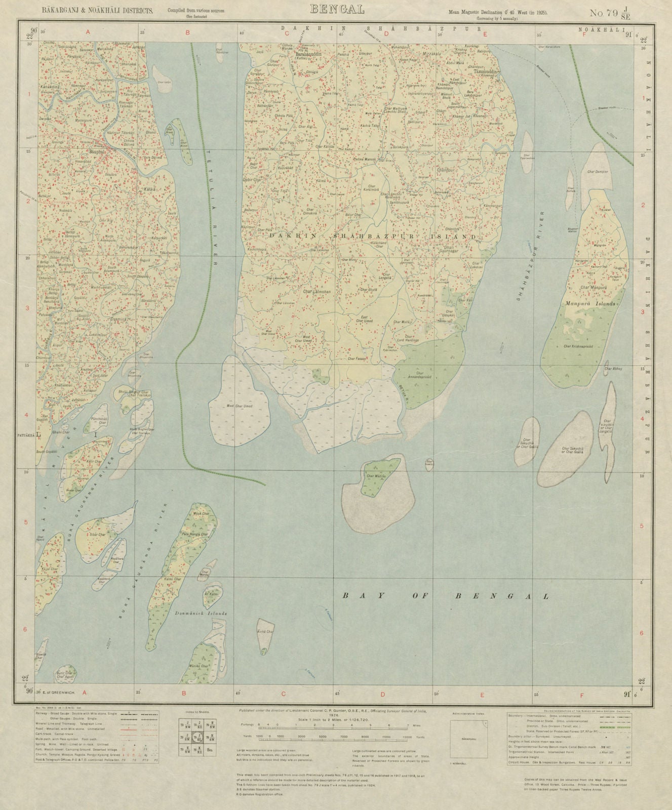 SURVEY OF INDIA 79 J/SE Bangladesh Barisal Lalmohan Bauphal Tetulia 1926 map ...