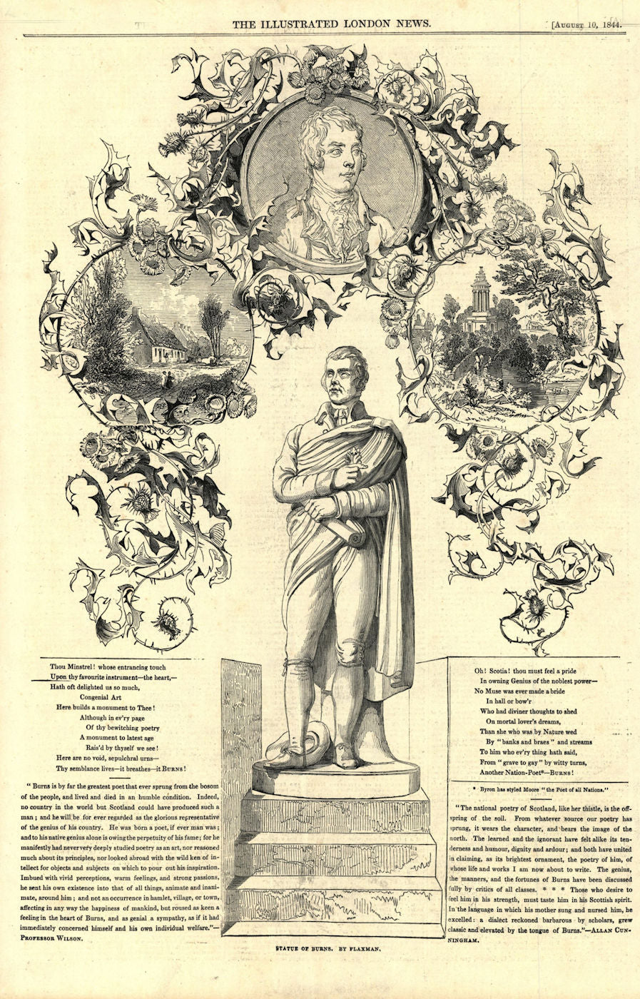 Statue of Robert Burns by Flaxman. Poets 1844 old antique print picture ...