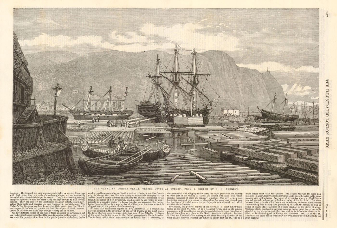 The Canadian Lumber trade: Timber coves at Quebec. Canada 1863 old ...