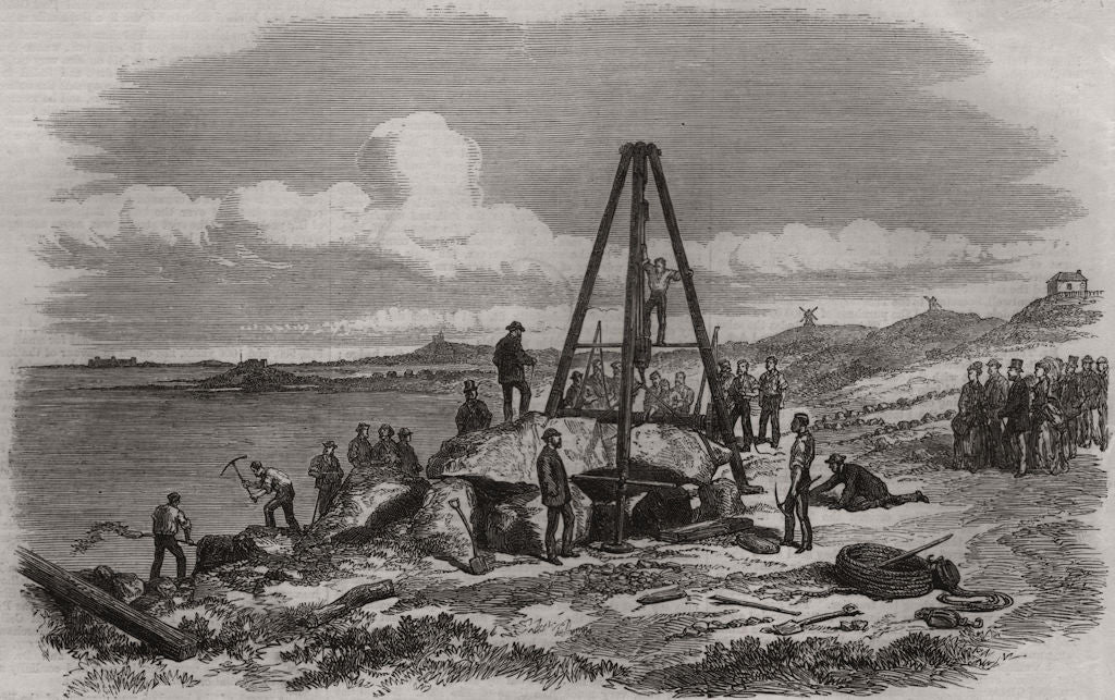 Raising the capstone of Le Trepied cromlech, Guernsey. Channel Islands ...