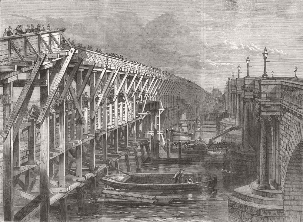 LONDON. Temporary Bridge over Thames at Blackfriars 1864 old antique ...