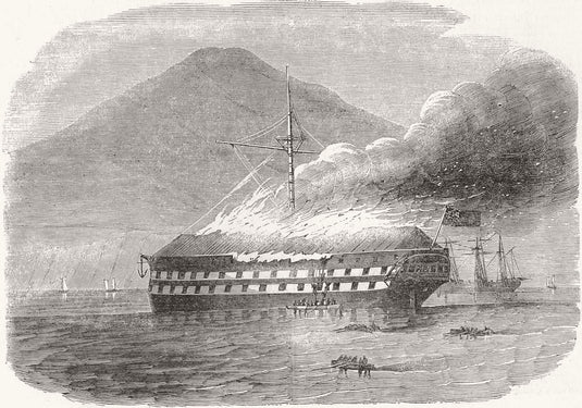 HONG KONG. Fire ship Ft William 1852 old antique vintage print picture ...