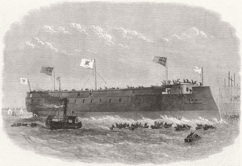 LONDON. Launch. Prussian ironclad Kron Prinz, Poplar 1867 old antique ...