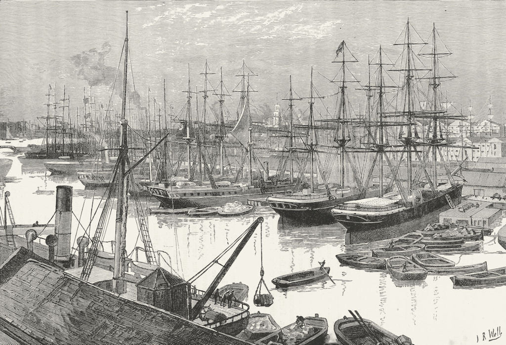 LONDON DOCKLANDS. West India Docks 1888 old antique vintage print ...