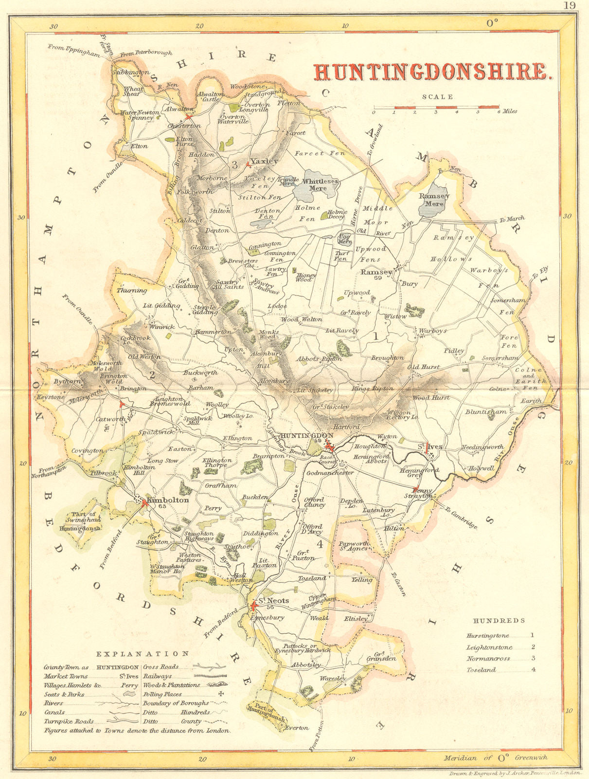 HUNTS. Huntingdonshire. Archer Dugdale c1840 old antique map plan chart ...