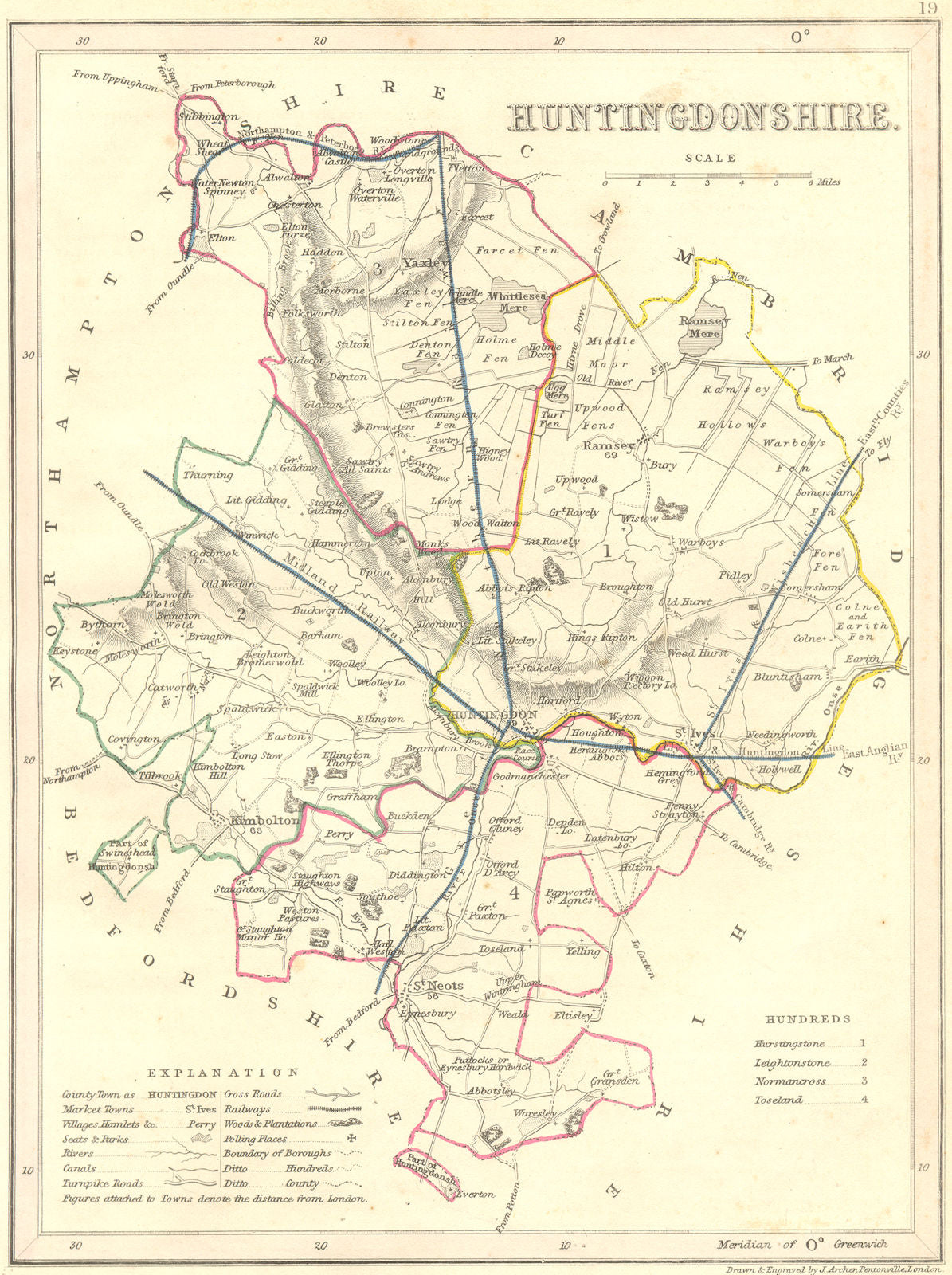 HUNTS. Huntingdonshire. Archer Dugdale c1840 old antique map plan chart ...
