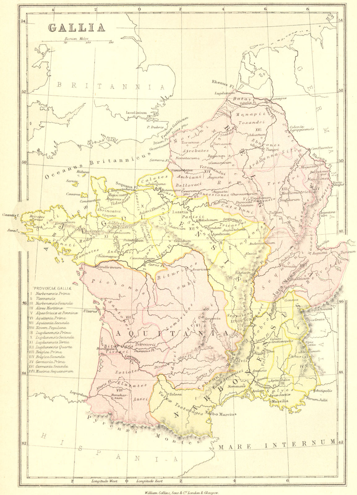 ROMAN FRANCE. Ancient Gallia Gaul. Collins 1870 old antique map plan ...