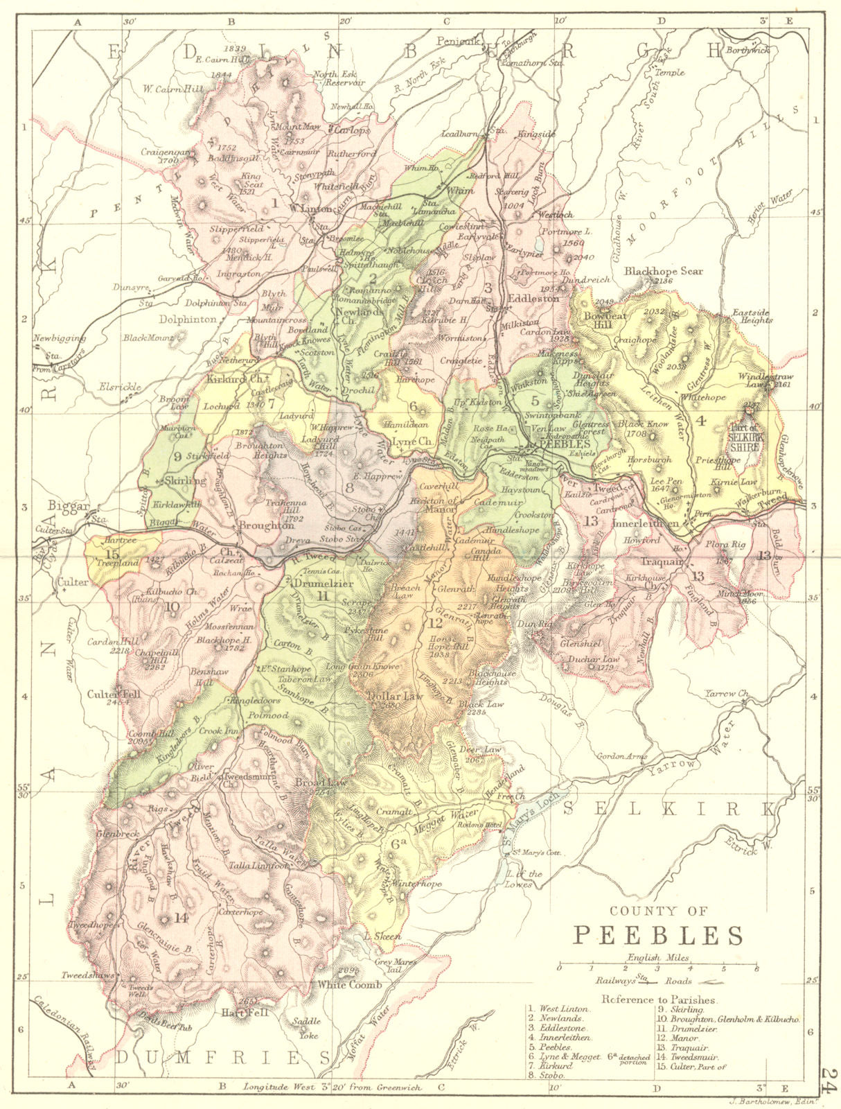 SCOTLAND. Peebles. Peeblesshire. Philip 1891 old antique map plan chart ...