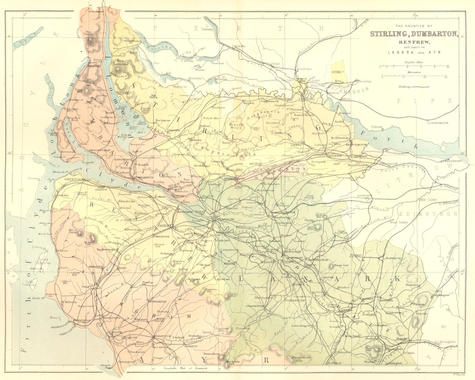 SCOTLAND. Stirling, Dumbarton, Lanark, Ayr. Virtue 1868 old antique map ...