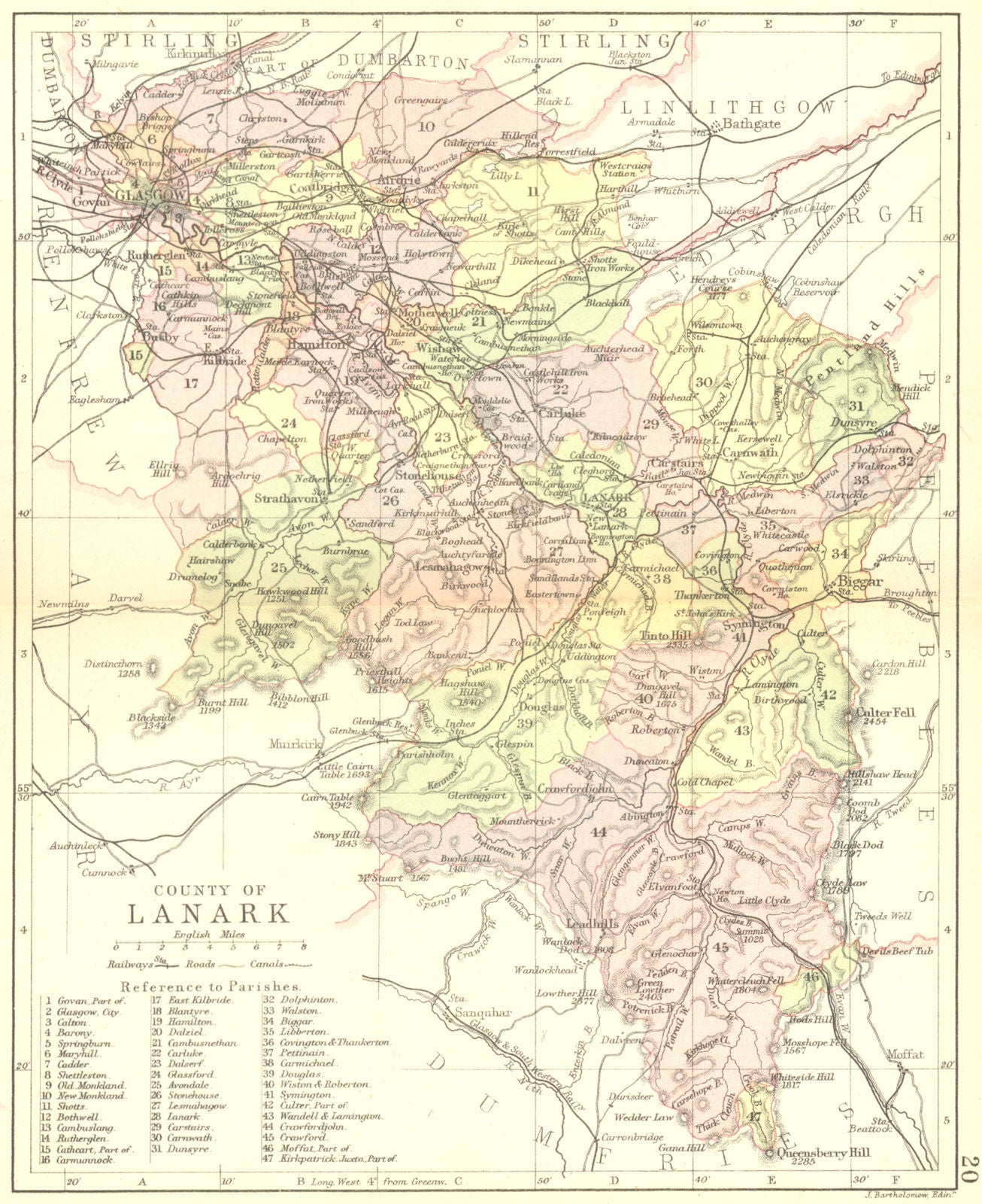 SCOTLAND. Lanark. Lanarkshire. Philip 1891 old antique vintage map plan ...