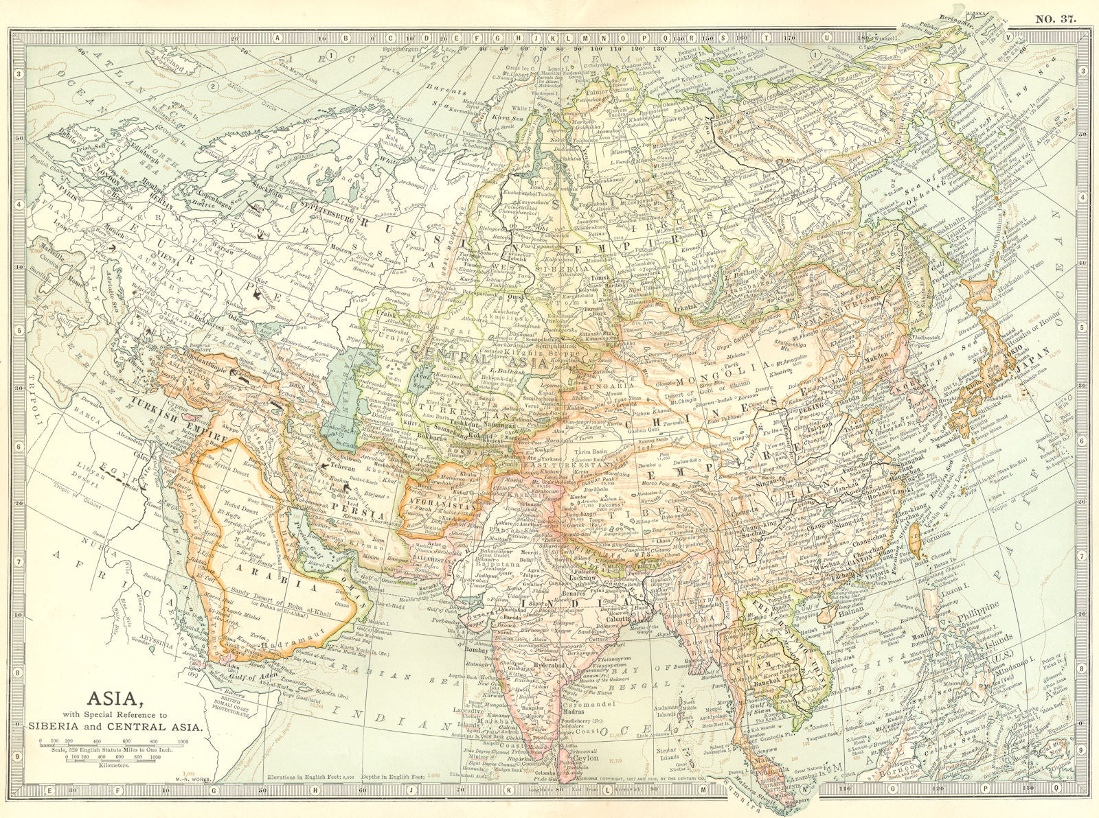 ASIA. With Ref Siberia & Central. Continent 1903 old antique map plan ...