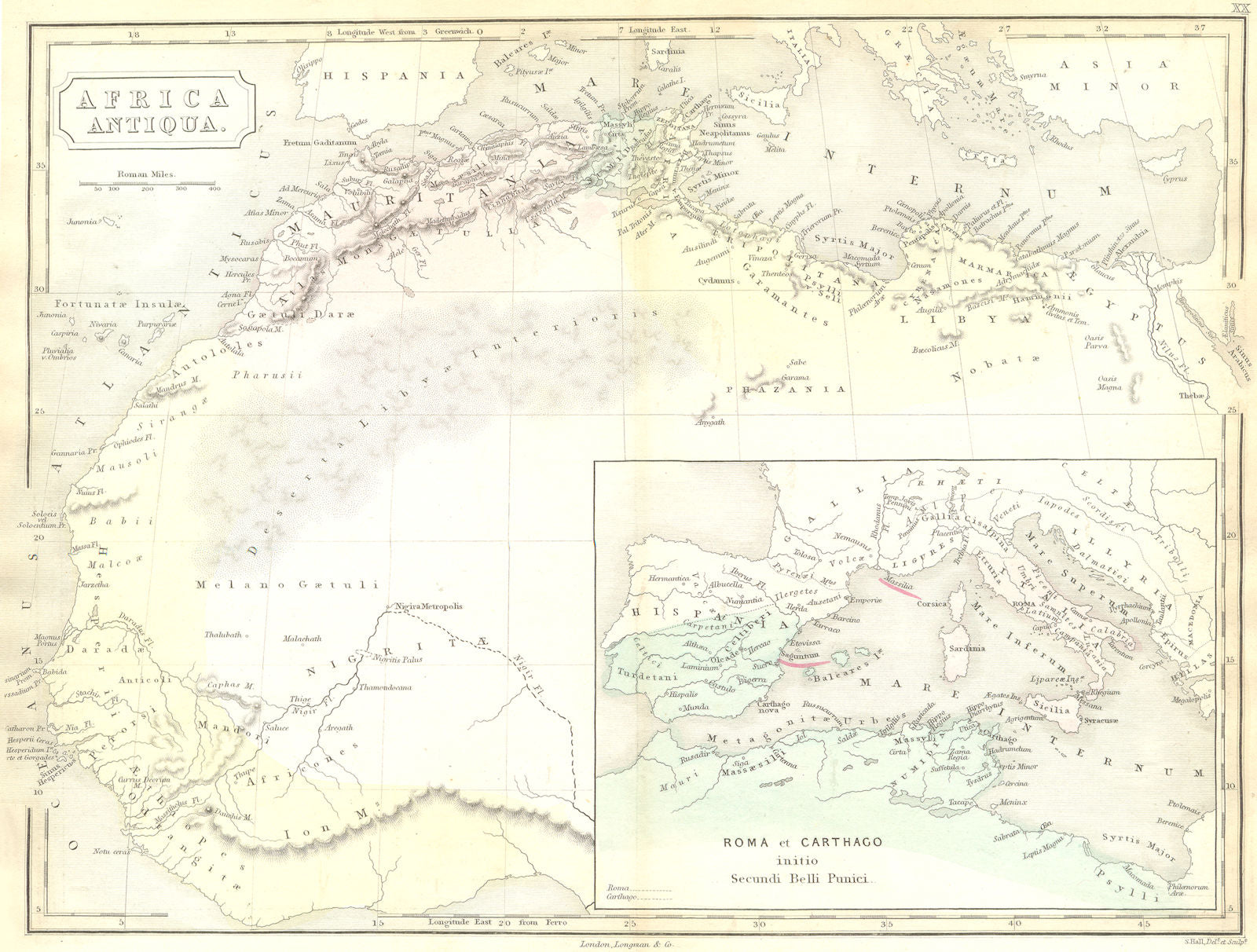 AFRICA. Classical Punic war Rome Carthage; Hall 1861 old antique map ...