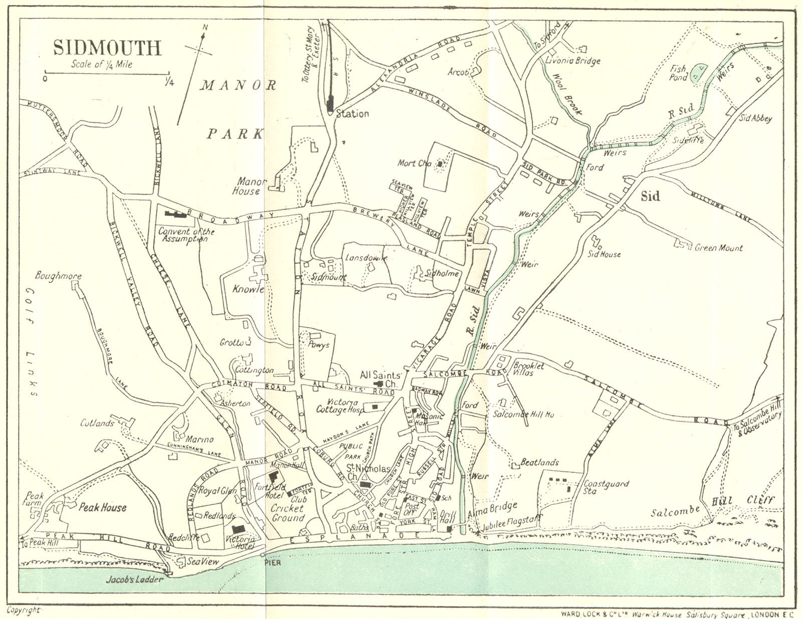 SIDMOUTH vintage town/city plan. Devon. WARD LOCK 1929 old vintage map ...