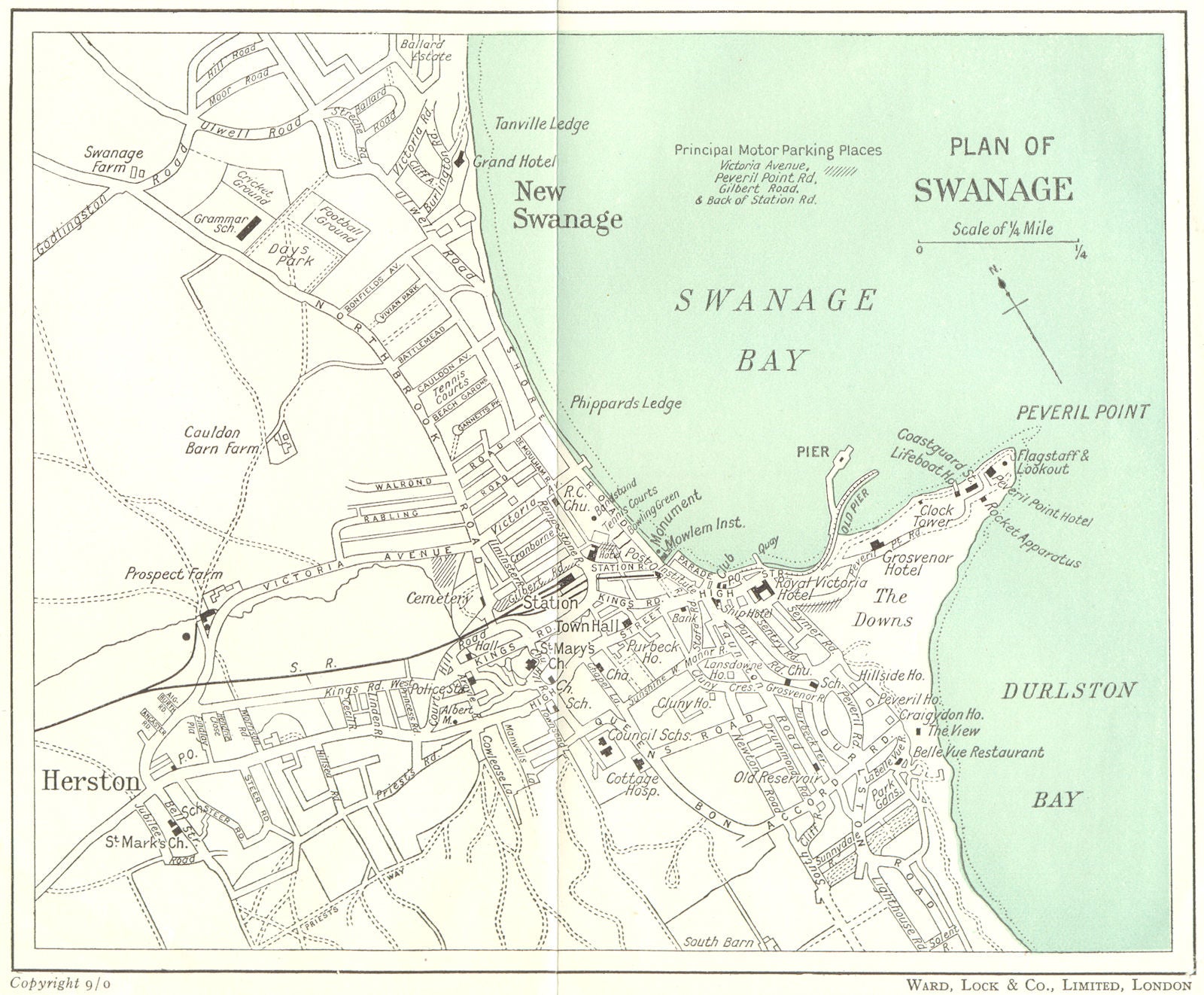 SWANAGE vintage town/city plan. Dorset. WARD LOCK 1950 old vintage map ...