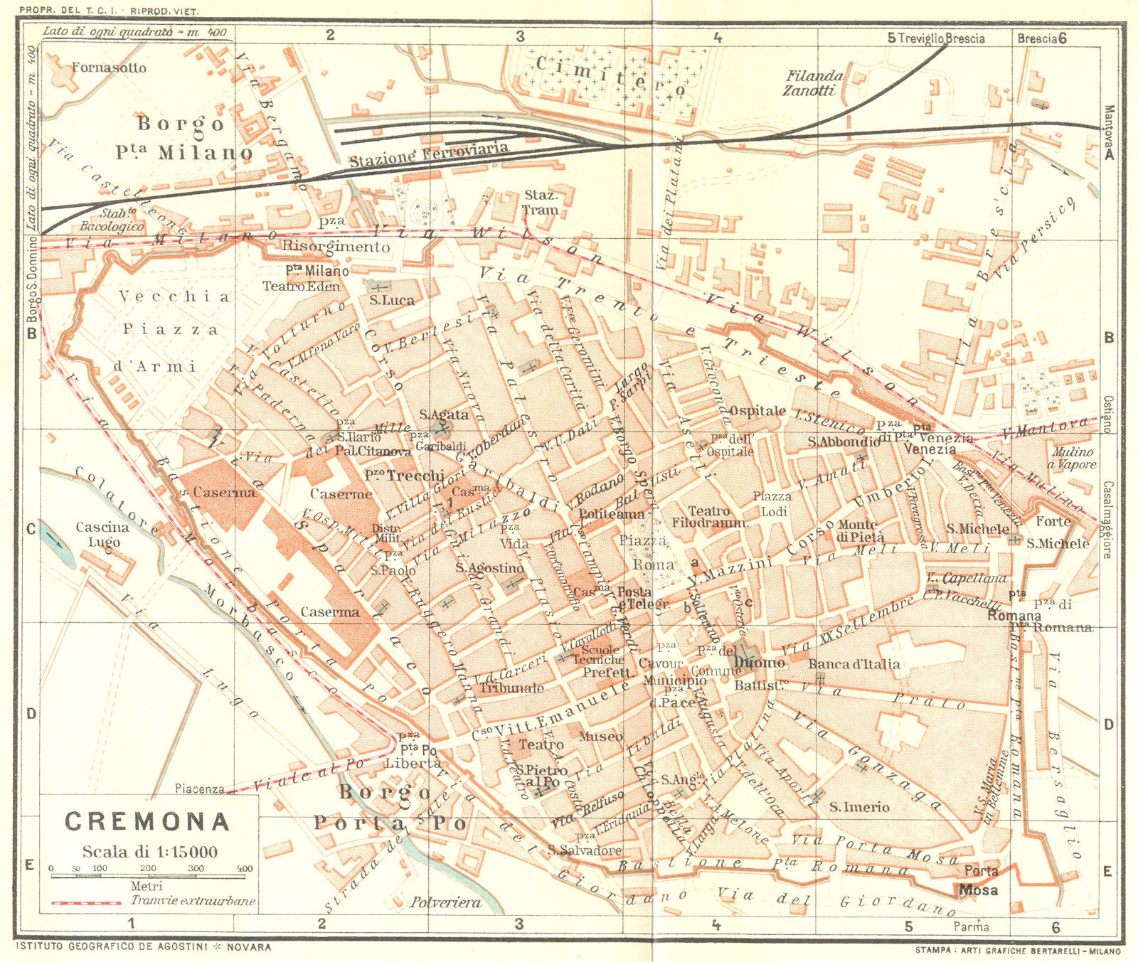 CREMONA. Vintage town city map plan. Italy 1927 old vintage chart ...