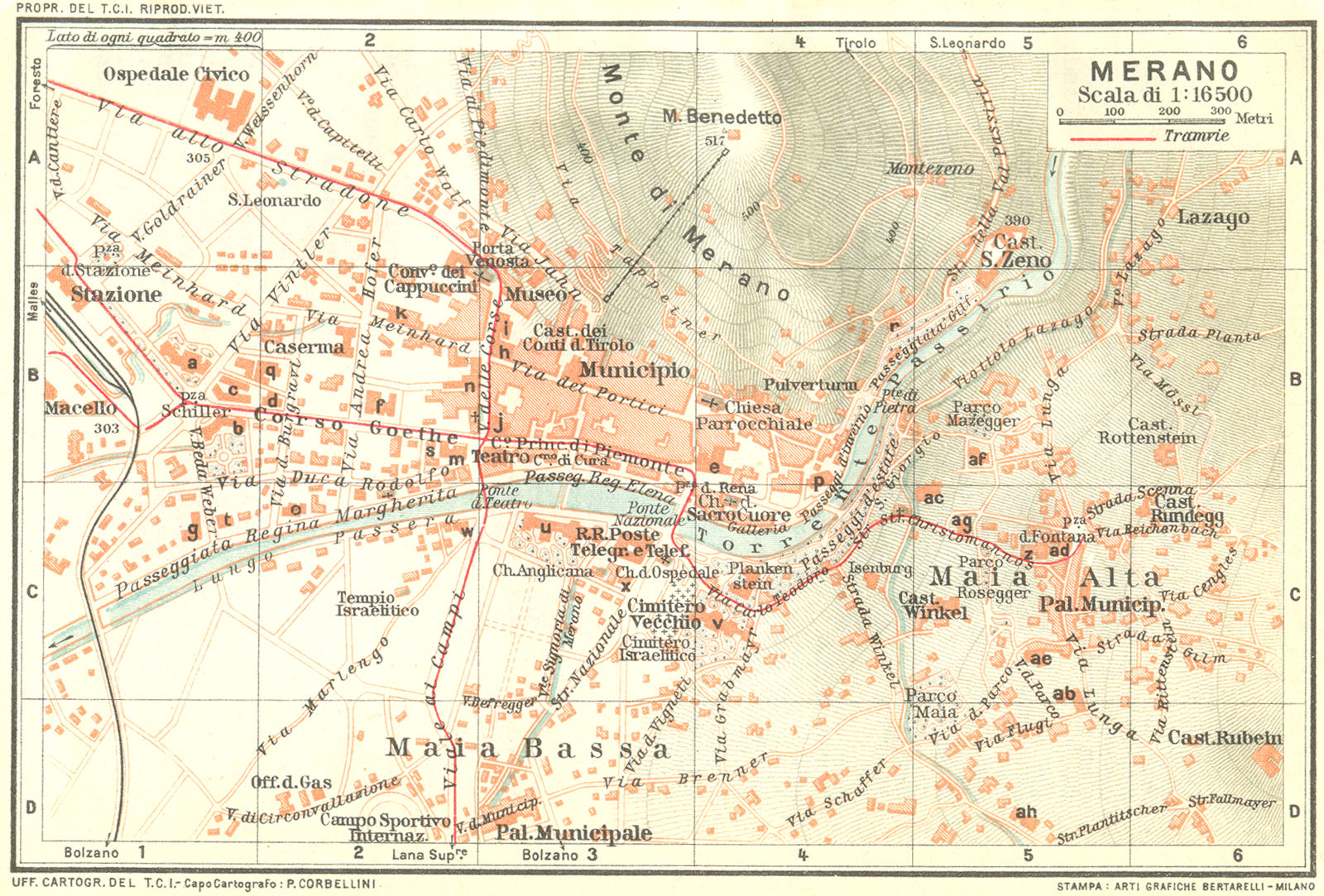 MERANO. Vintage town city map plan. Italy 1927 old vintage chart ...