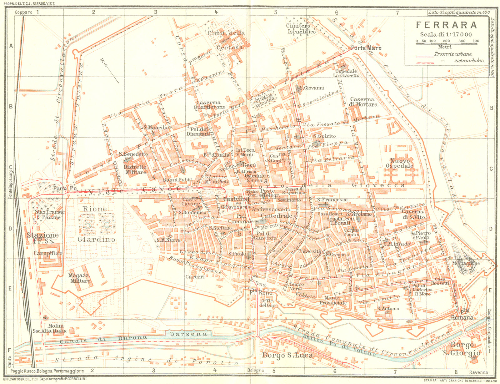 FERRARA. Vintage town city map plan. Italy 1927 old vintage chart ...