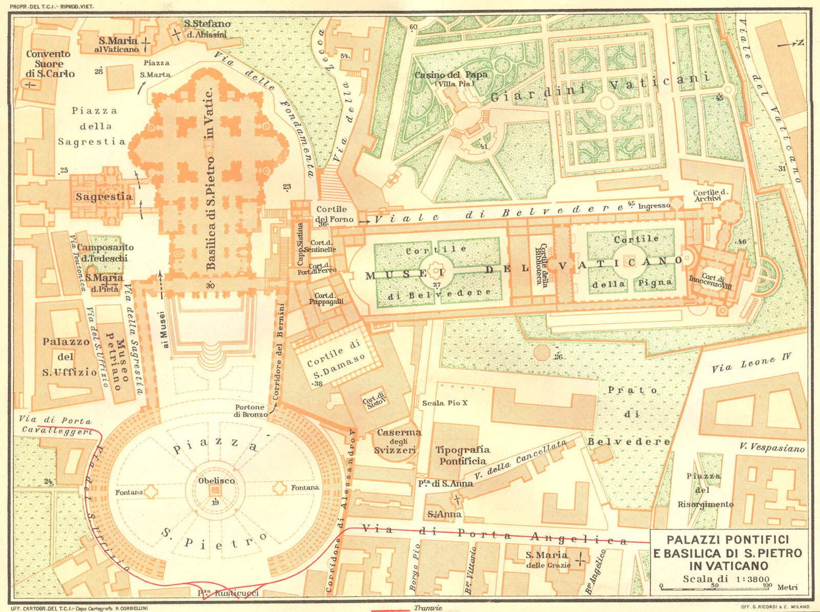 VATICAN. Papal palace Basilica St Peters Rome 1925 old vintage map plan ...
