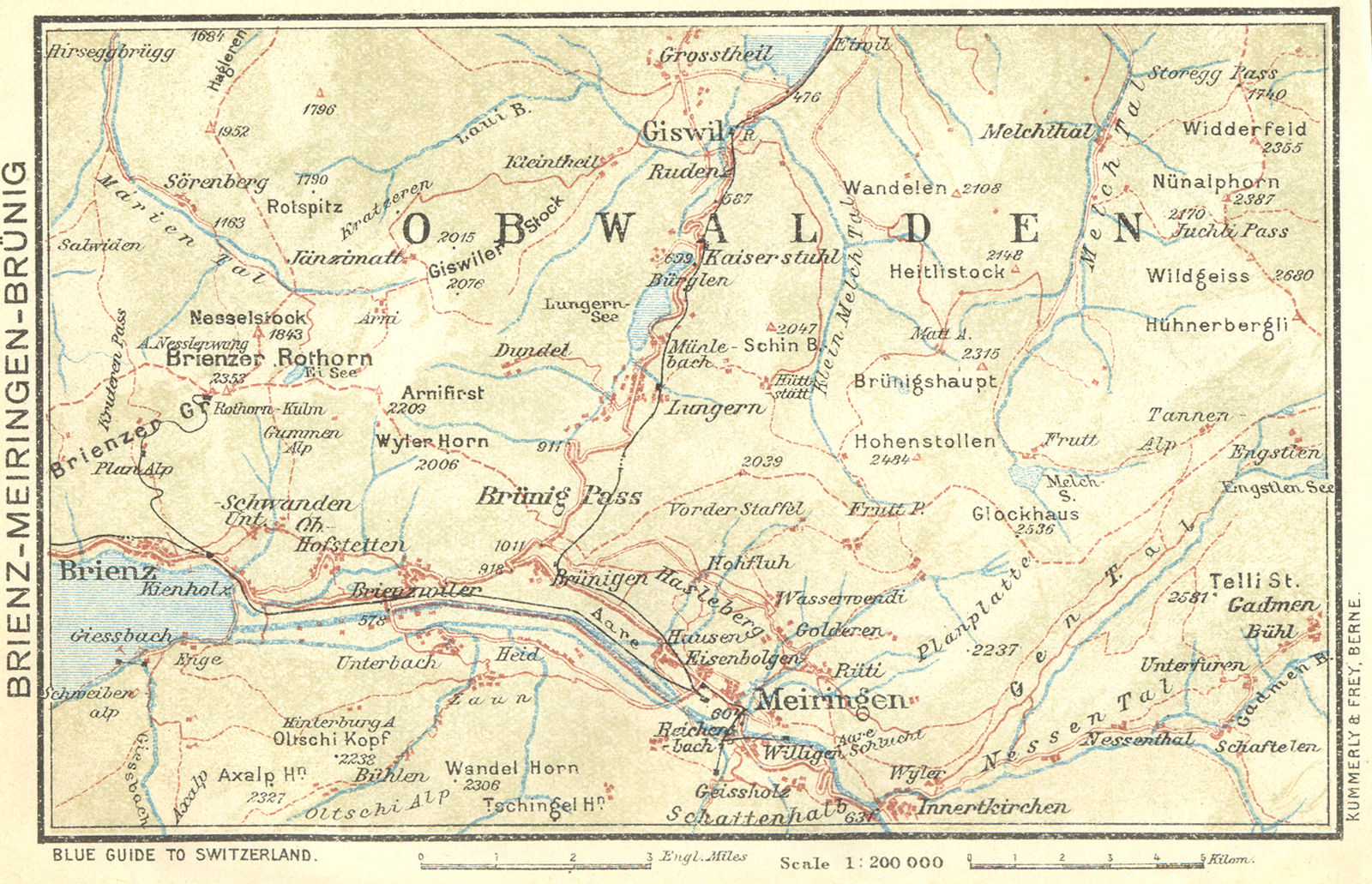 SWITZERLAND. Brienz-Meiringen-Brunig 1923 old antique vintage map plan ...