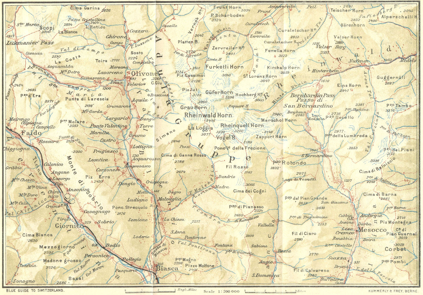 SWITZERLAND. Lukmanier & San Bernardino Passes 1923 old antique map ...