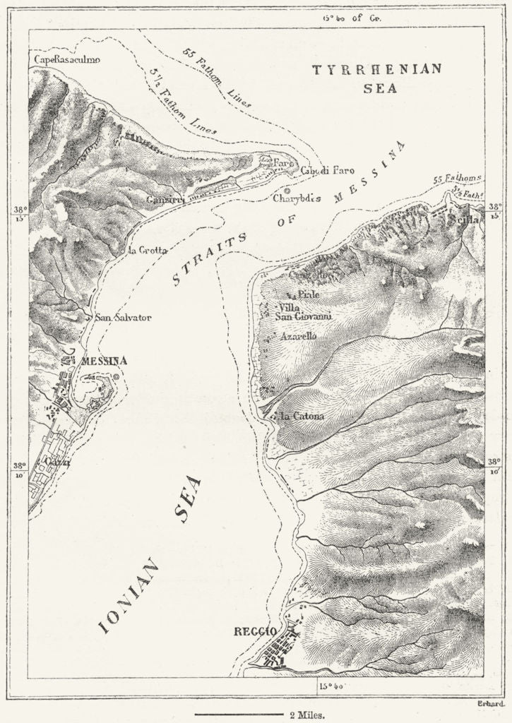 ITALY. Strait of Messina, sketch map c1885 old antique vintage plan ...