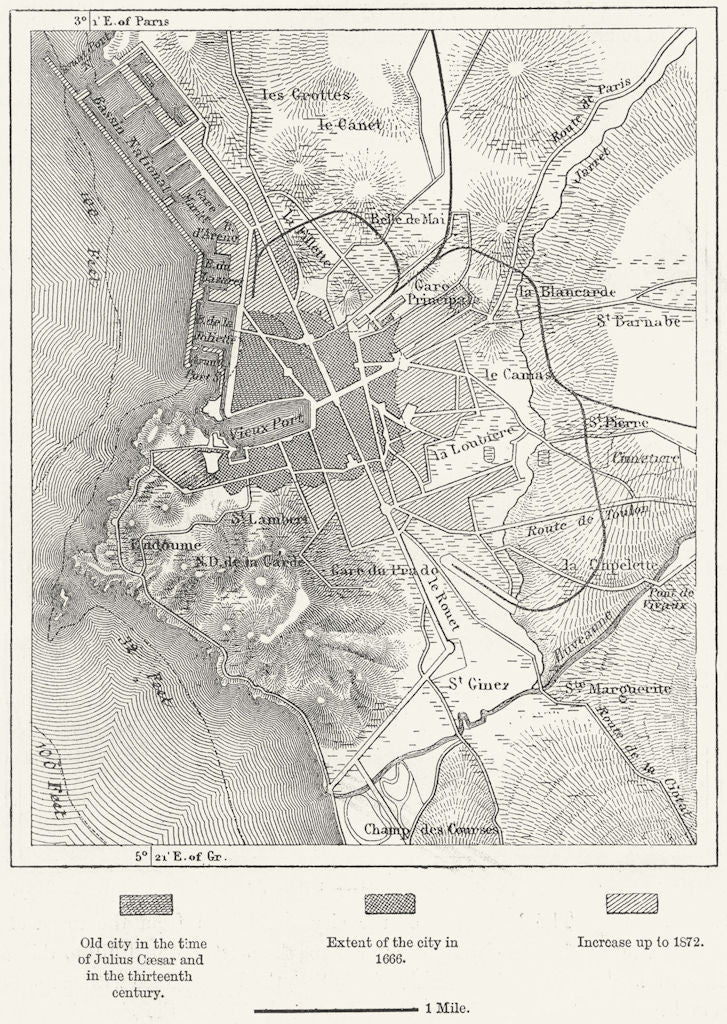 FRANCE. Marseilles, sketch map c1885 old antique vintage plan chart ...