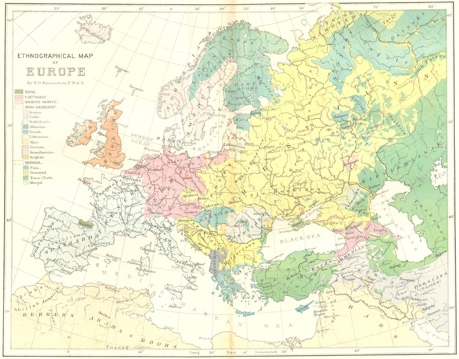 EUROPE. Ethnographical, E Ravenstein c1885 old antique vintage map plan ...