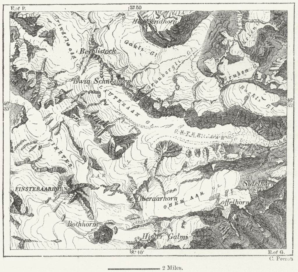 SWITZERLAND. Glaciers Bernese Oberland, sketch map c1885 old antique ...